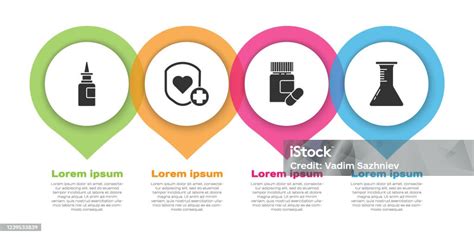 병 비강 스프레이 쉴드 및 심박수 약 병 및 알약 시험관 및 플라스크를 설정합니다 비즈니스 인포그래픽 템플릿입니다 벡터 건강 검진에 대한 스톡 벡터 아트 및 기타 이미지