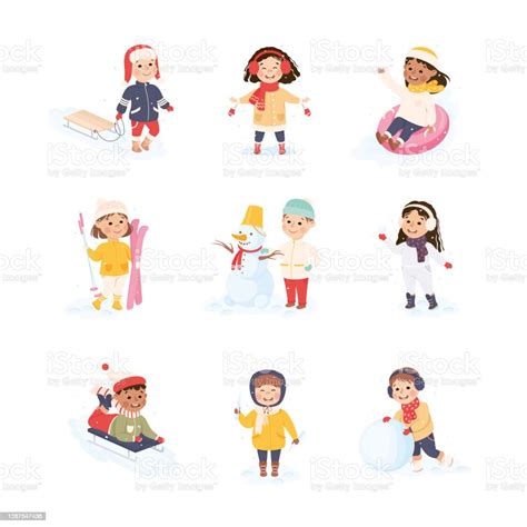눈 썰매 스키 건물 눈사람 벡터 세트에서 겨울 재미 활동을 즐기는 아이들 눈 냉동상태의 물에 대한 스톡 벡터 아트 및 기타 이미지 눈 냉동상태의 물 아이 12월