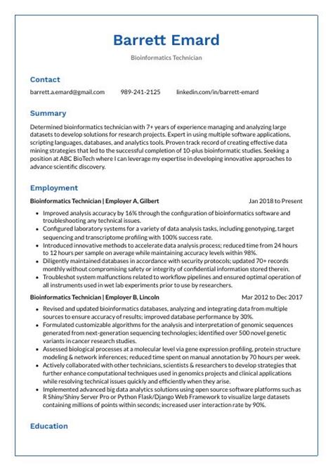 Bioinformatics Technician Resume Cv Example And Writing Guide