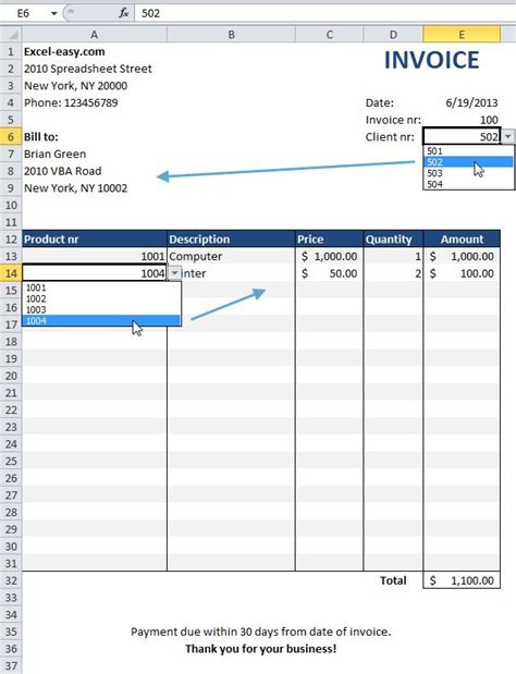 Automated Invoice In Excel Excel Tutorials Invoice Template Word Invoice Template