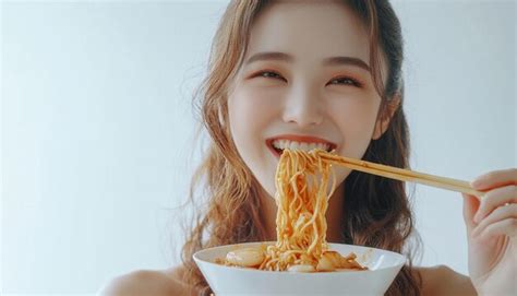 A Woman Is Eating Spaghetti With Chopsticks In Her Mouth Premium Ai Generated Image