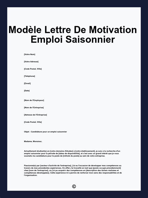 Modèle Lettre De Motivation Emploi Saisonnier