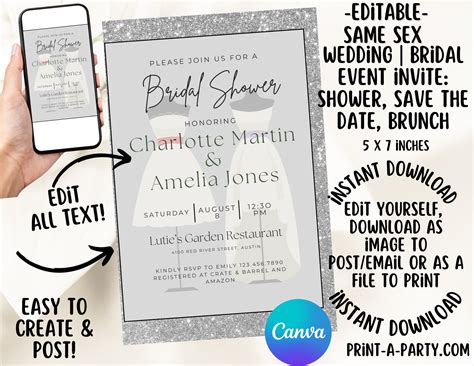 Editable Same Sex Wedding Event Invite Bridal Shower Brunch Save The Date Printable Same