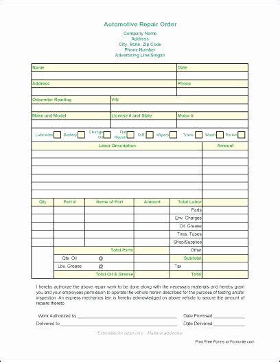 Auto Repair Form Template For Adams Garage Repair Order Printable