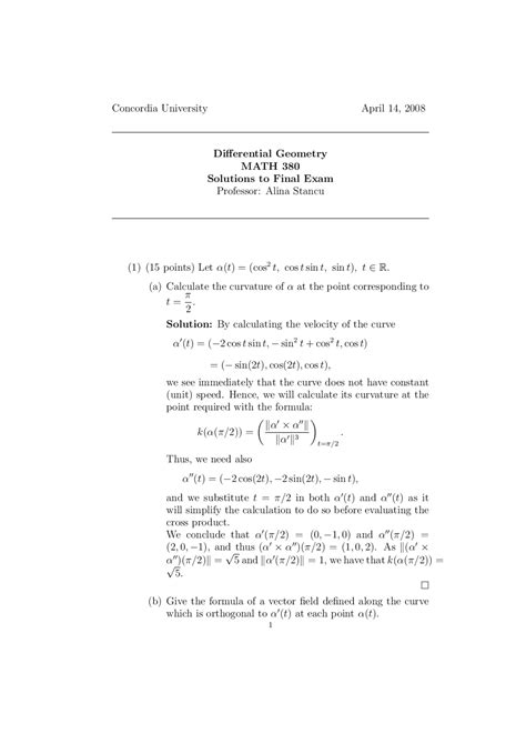 Real Valued Function Differential Geometry Solved Exam Docsity