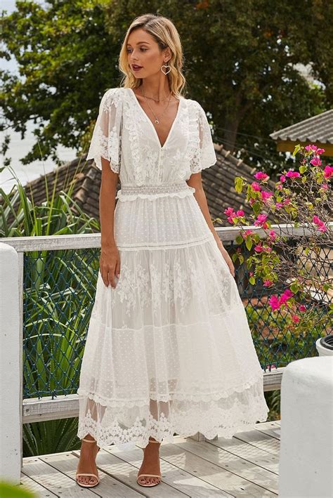 Modeshe Elegant V Neck Lace Dress For Vacation White V Neck Boho