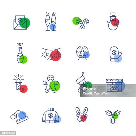 크리스마스 축하 와 새해 파티 아이콘 불꽃놀이 벽난로 스타킹 순록과 샴페인 픽셀 완벽 편집 스트로크 재미 벡터 12월 31일에 대한 스톡 벡터 아트 및 기타 이미지 Istock
