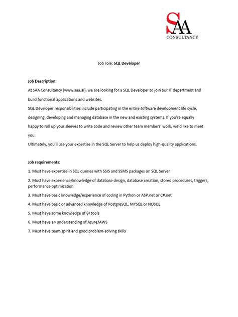 entry level sql developer jd 0 2 years pdf computers