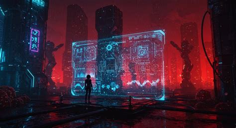 exploring futuristic cityscape with holographic interface and robotic guardians stock