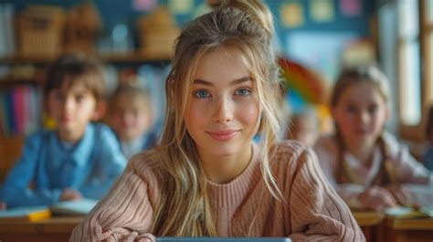 Premium Photo Using A Digital Tablet While Sitting At A Desk In A Classroom A Female Teacher