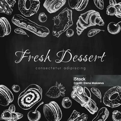 검은 칠판에 분필 베이커리 또는 과자 배너 배경 또는 메뉴 템플릿 칠판에 달콤한 디저트 패스트리와 딸기의 벡터 그림 빈티지 스타일 디자인에 대한 백악골 빵 프레임 오븐에