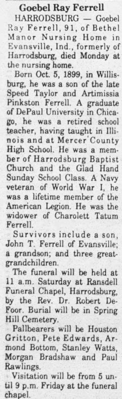 Goebel Ray Ferrell 1899 1991 Find A Grave Memorial