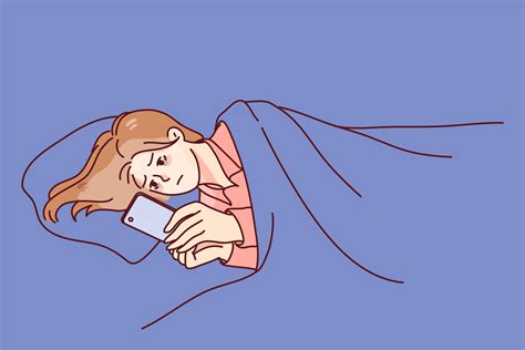 Sad Young Woman Lying In Bed Using Smartphone Late At Night Tired Female Relax Browsing