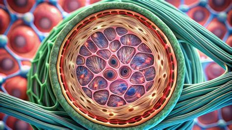 Microscopic View Of A Complex Biological Structure With Intricate Layers And Interwoven Fibers