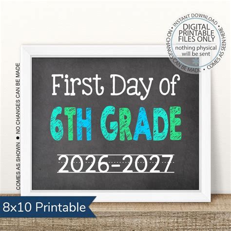 Printable First Day Of Sixth Grade 2026 2027 First Day Of School