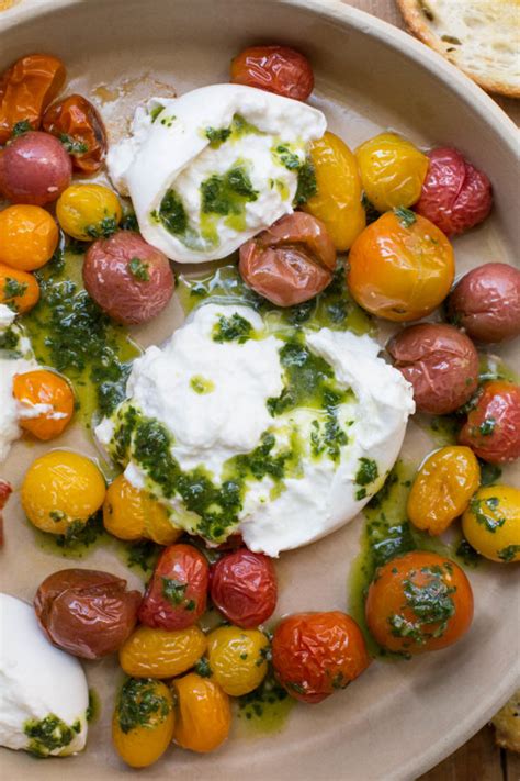 Roasted Cherry Tomatoes With Burrata And Basil Oil The Mom 100 The