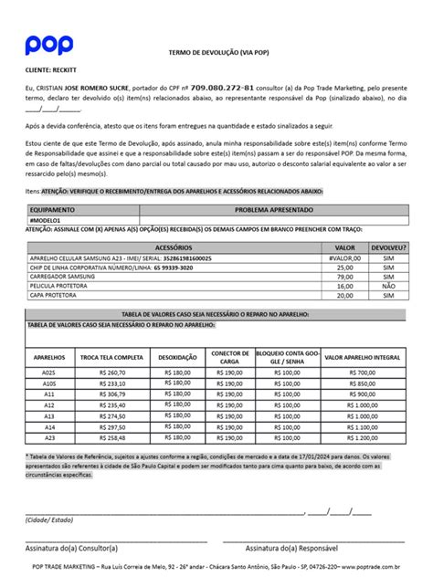 Termo De Devolução Aparelho Celular A23 Pdf