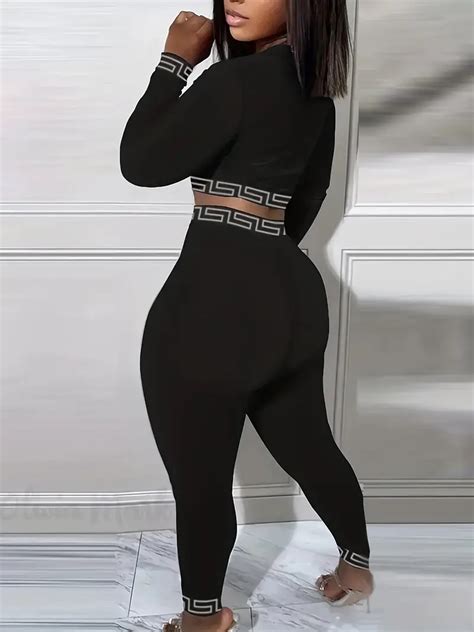 캐주얼 두 조각 세트 롱 슬리브 크롭 탑 And 슬림 팬츠 아웃핏 여성 의류 Temu Republic Of Korea