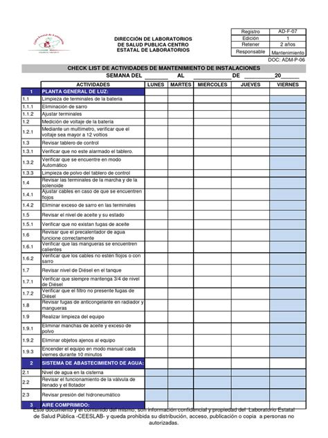 Ad F 07 Check List Actividades Mantenimiento Pdf Presión Gases