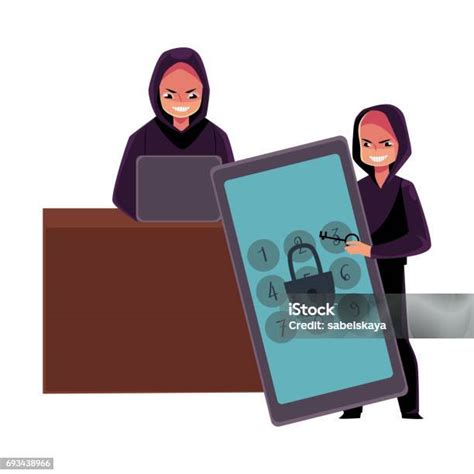 젊은이 노트북을 사용 하 여 해킹 시스템의 스마트폰 핀 코드를 크래킹 가득 찬에 대한 스톡 벡터 아트 및 기타 이미지 가득 찬 개념 검은색 Istock