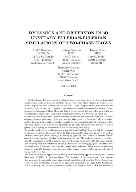 Pdf Dynamics And Dispersion In 3d Unsteady Eulerianeulerian Simulations Of Twophase Flows