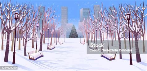 벤치 나무 등불 화환 일광이있는 겨울 공원 너머의 파노라마 도로 만화 스타일의 겨울 도시 거리의 벡터 일러스트 도회지에 대한