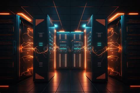 Imagery Of Dark Servers Data Center Room With Computers And Storage