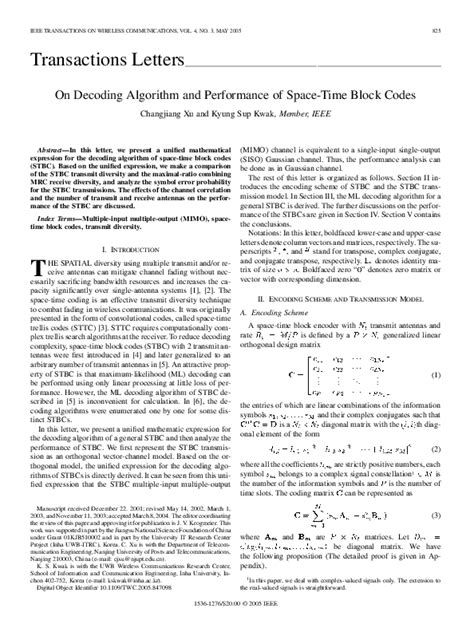 Pdf On Decoding Algorithm And Performance Of Space Time Block Codes