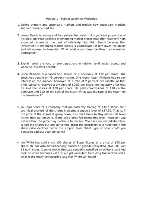 Overview Workshop Questions Module 1 Market Overview Workshop Define Primary And Secondary