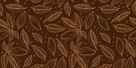 브라운 코코아 콩을 사용한 이음매 없는 패턴 손으로 그린 낙서 스케치 섬유 종이 벽지에 대한 반복되는 배경 과일 잎 콩 이음매 없는 패턴 초콜릿 코코아 콩 배경입니다 코코아