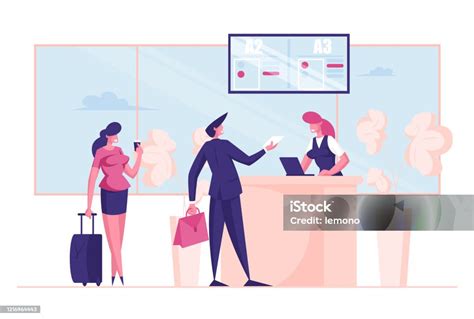 수하물이 있는 승객 캐릭터는 대기열에 서 있으며 공항에서 항공편 등록을 위한 서류를 준비합니다 친절한 직원 출발 정보와 함께 탑승을 체크인하십시오 만화 사람 벡터 일러스트