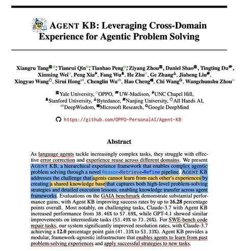 机器爱学习 的想法 Agent Kb：用结构化五元组表示可迁移的agent经验 背景：虽然llm Agent已经在多个领域特别是coding方面展现出很不错的执行能力，但仍然存在一个