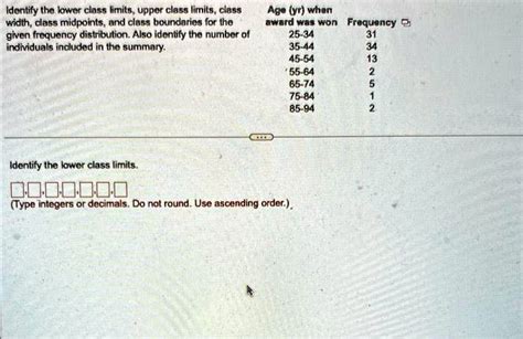 solved idontify the lower class limits upper class limits class width