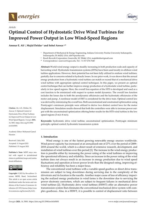Pdf Optimal Control Of Hydrostatic Drive Wind Turbines For Improved Power Output In Low Wind