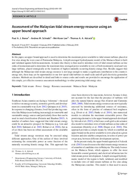 Pdf Assessment Of The Malaysian Tidal Stream Energy Resource Using An Upper Bound Approach