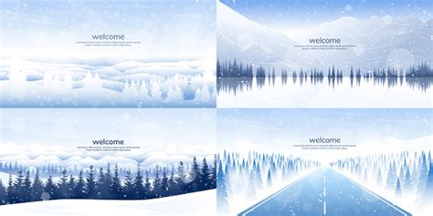 벡터 그림입니다 평평한 겨울 풍경 간단한 눈 덮인 배경 눈이 떠있습니다 강 설 맑은 푸른 하늘 블리자드 눈 덮인 날씨 겨울 파노라마 배경 화면 배경 집합입니다 고속도로에