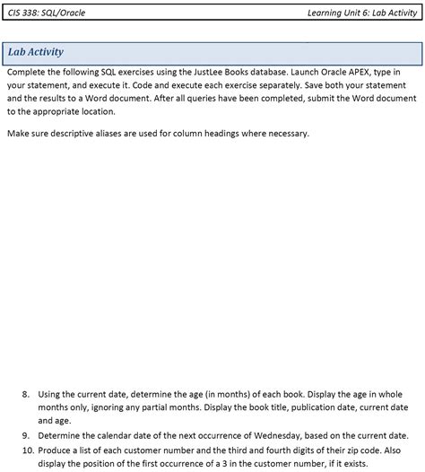 Solved CIS 338 SQL Oracle Learning Unit 6 Lab Activity Lab Chegg Com