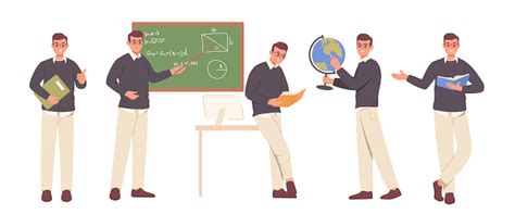 교사 세트 만화 친화적인 웃는 교육자 남성 캐릭터 교육 벡터 일러스트 레이 션 교사 교육 관련 직업에 대한 스톡 벡터 아트 및 기타 이미지 교사 교육 관련 직업 자연