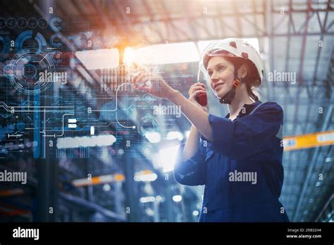 Engineer Woman With Advanced Digital Computer Technology Overlay Control Touch Screen Operation