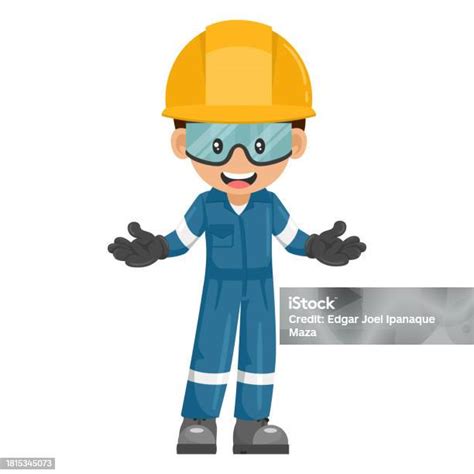 두 손을 벌리고 있는 산업 기계 작업자 작업복과 개인 보호 장비를 착용한 엔지니어 감독관 안전이 최우선입니다 직장에서의 산업 안전 및 산업 보건 안전 제일에 대한 스톡 벡터