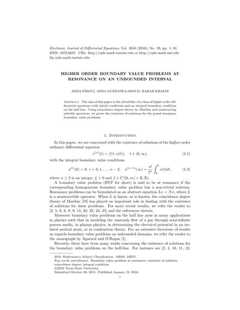 Pdf Higher Order Boundary Value Problems At Resonance On An Unbounded Interval