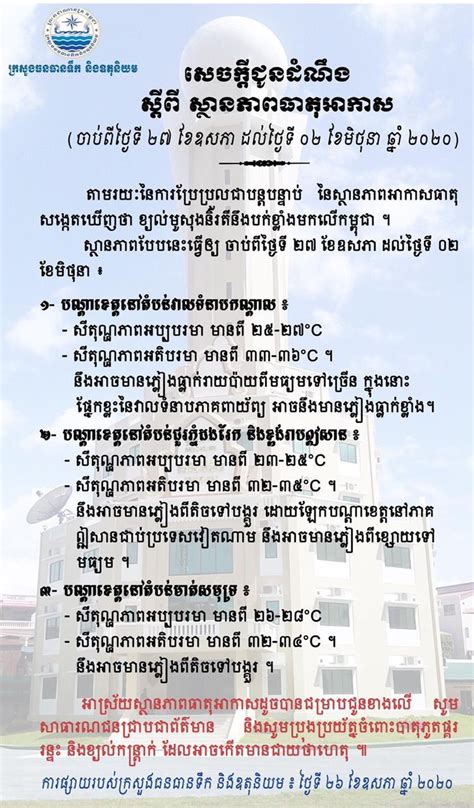 ខ្យល់មូសុងនិរតីនឹងបក់ខ្លាំងមកលើ កម្ពុជា នាំឲ្យ តំបន់និងផ្នែកខ្លះមានភ្លៀងធ្លាក់ខ្លាំង មធ្យម