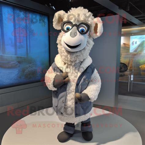 Silver Merino Sheep Mascot Costume Character Dressed With A Jacket And