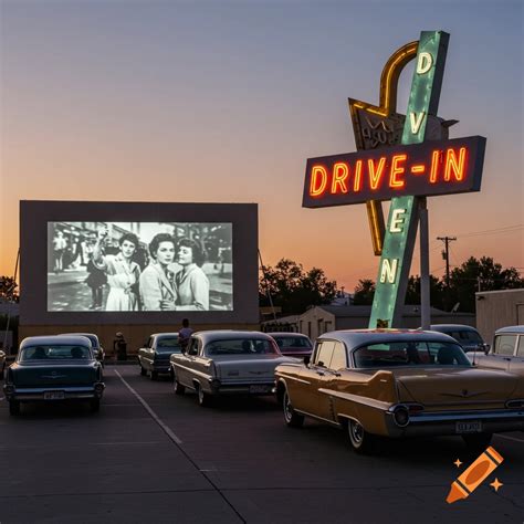 Vintage Drive In Movie Theater With Classic Cars Watching A Movie On A