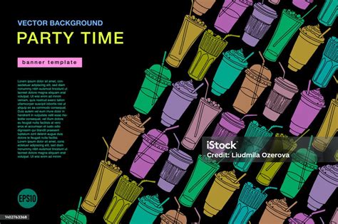 수평 검은 색 배너는 마케팅 캠페인 광고 프로모션을위한 올바른 부분에 컵을 갈 수있는 다양한 밝은 색상의 배너입니다 파티 시간