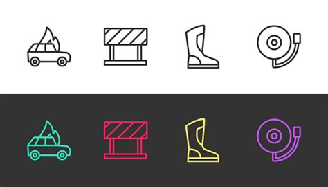 세트 라인 불타는 자동차 도로 장벽 화재 부츠와 검은 색과 흰색에 울리는 알람 벨 벡터 아이콘에 대한 스톡 벡터 아트 및 기타 이미지 Istock