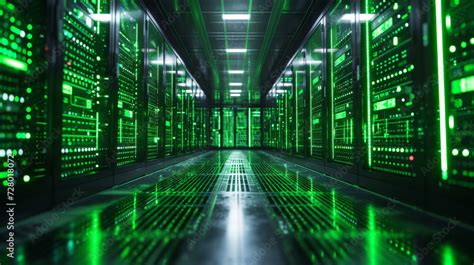 Futuristic Server Room With Glowing Green Lights High Tech Server