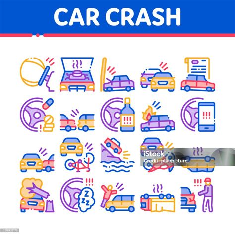자동차 충돌 사고 컬렉션 아이콘 세트 벡터 개념에 대한 스톡 벡터 아트 및 기타 이미지 개념 개체 그룹 교통수단 Istock