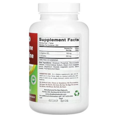Best Naturals L Arginine L Citrulline Complex 250 Tablets 250 Count