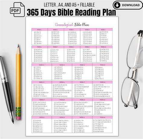 One Year Bible Reading Chronological Order Plan 365 Days Weekly Reading Challenge Letter Size